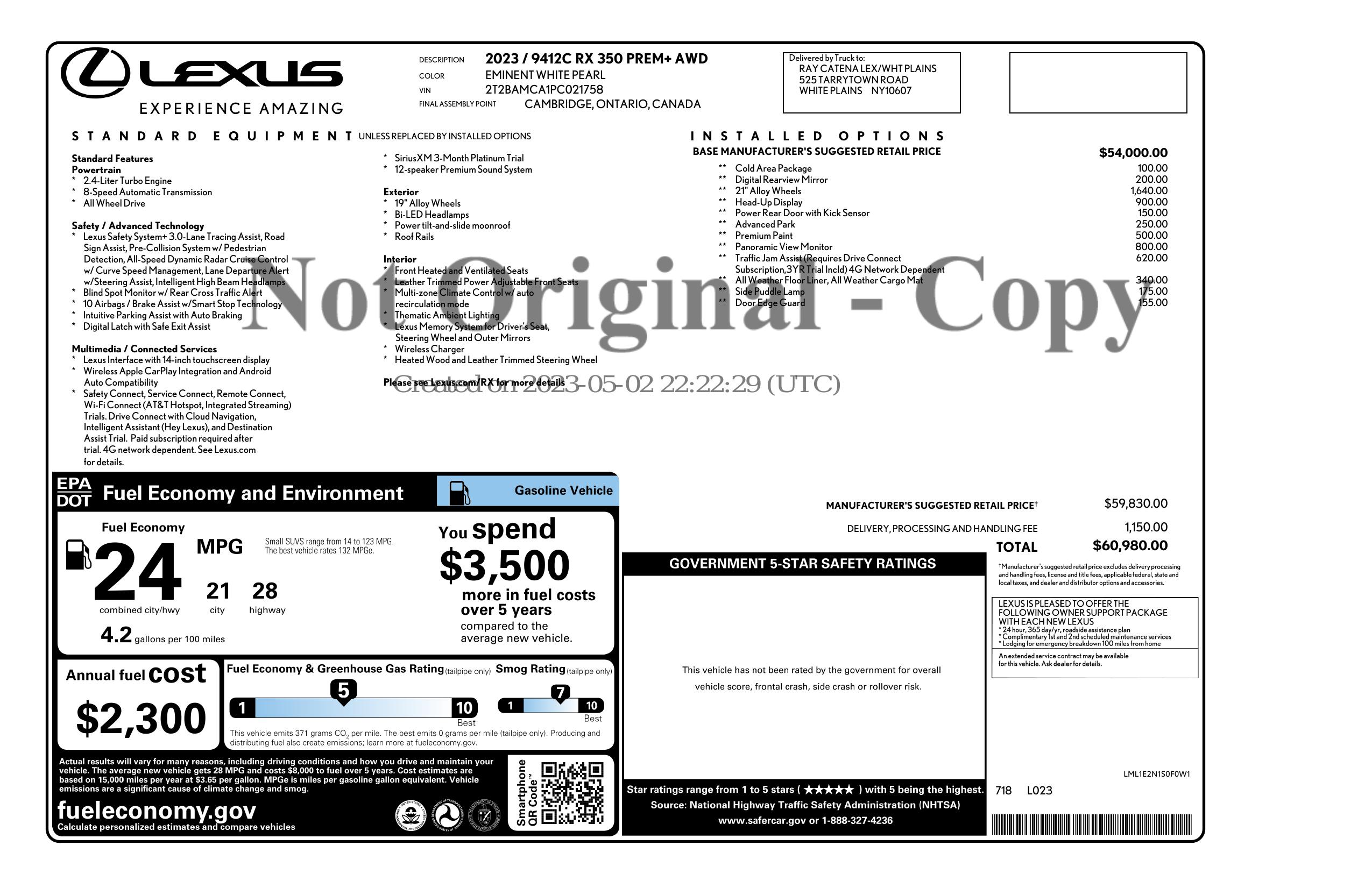 Window Sticker for 2023 Lexus Rx 350