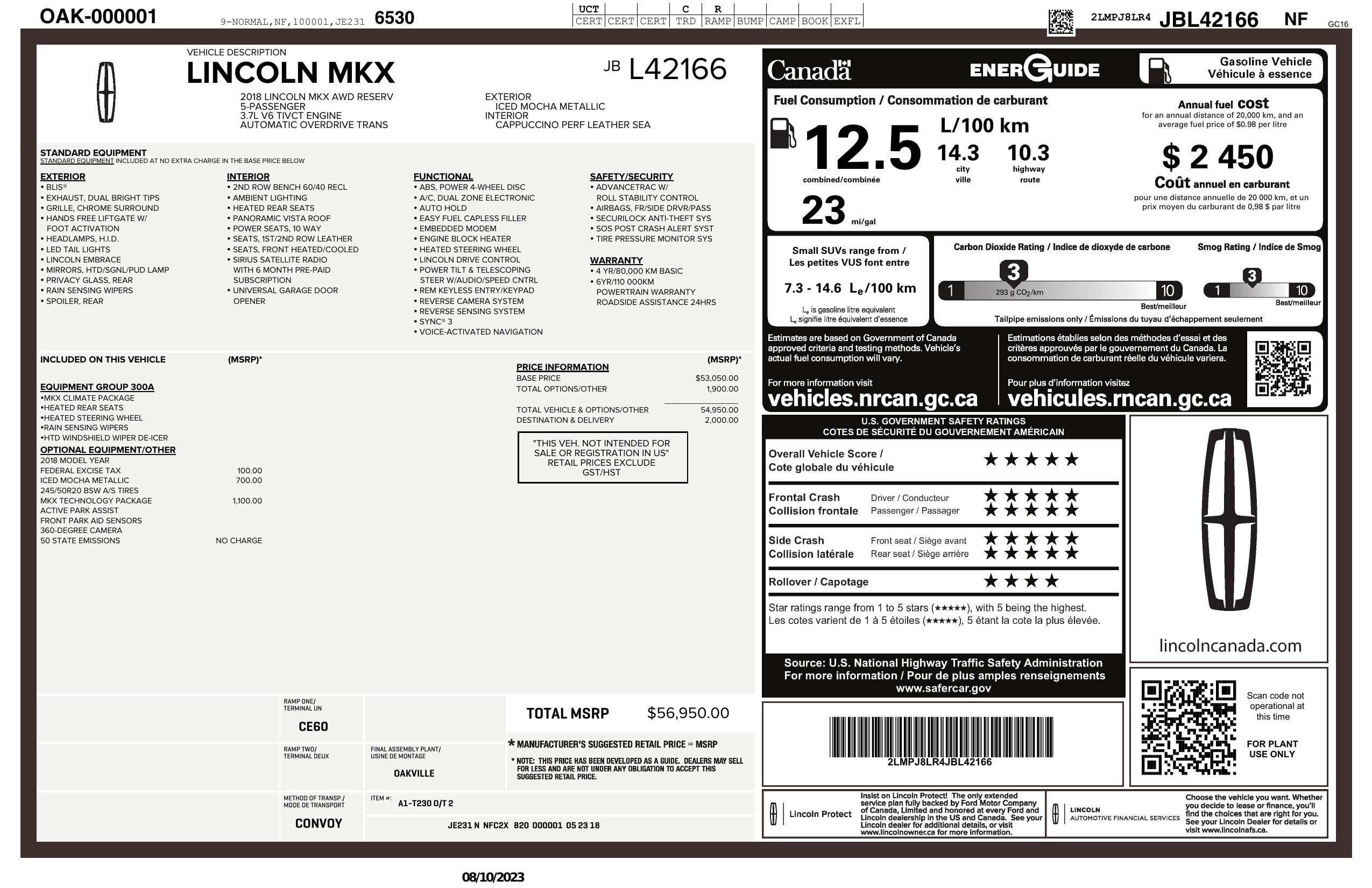 Window Sticker for 2018 Lincoln Mkx Reserve Awd