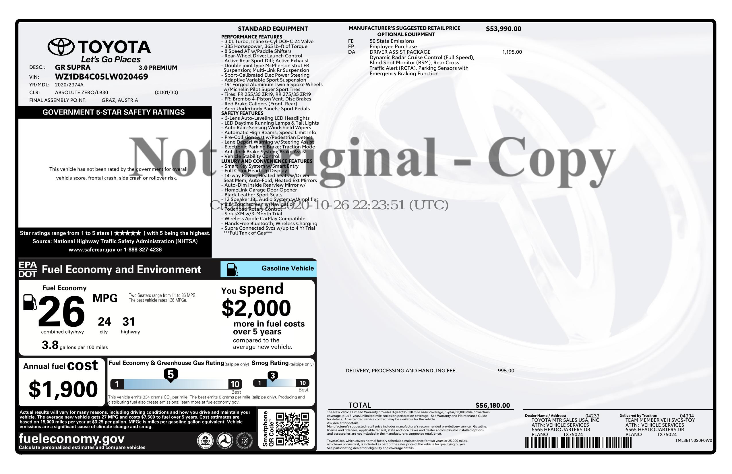 Window Sticker for 2020 Toyota Gr Supra 3.0 Auto (Natl)