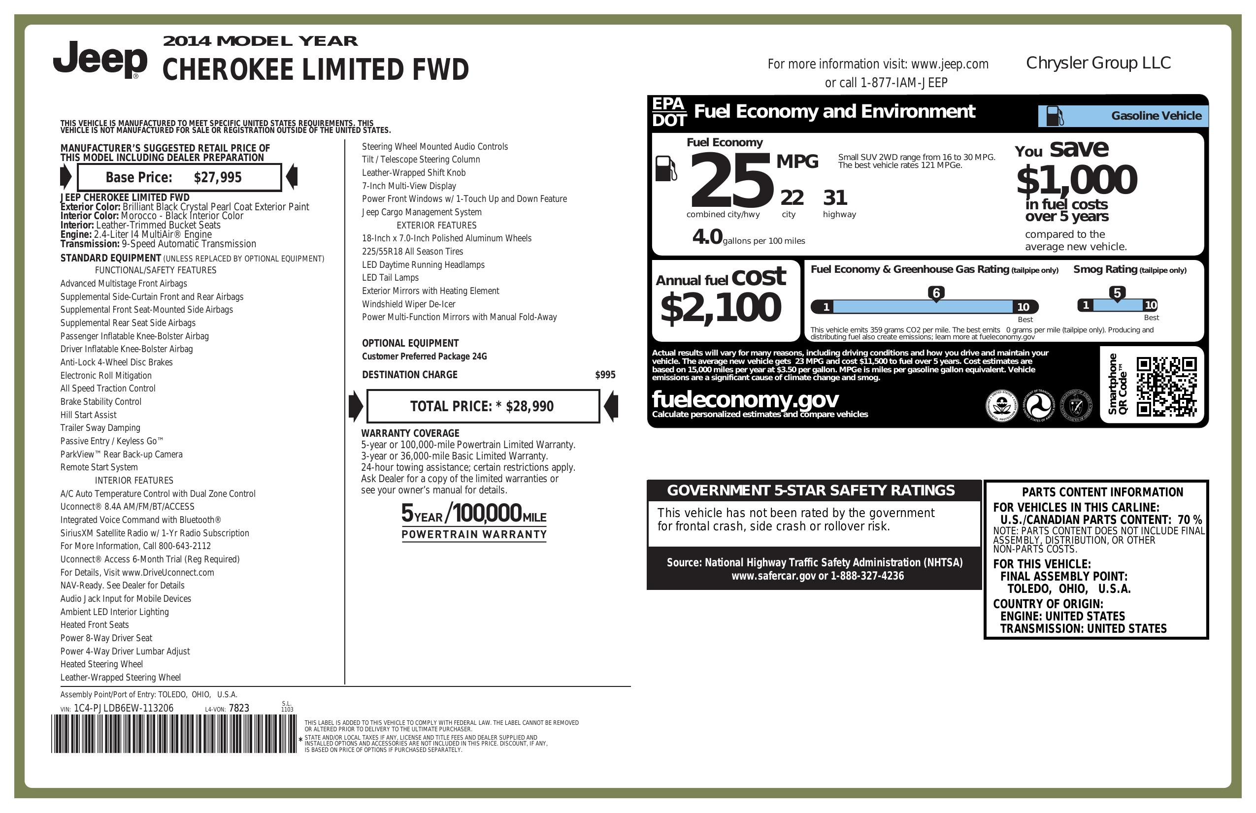 Window Sticker for 2014 Jeep Cherokee Fwd 4dr Limited