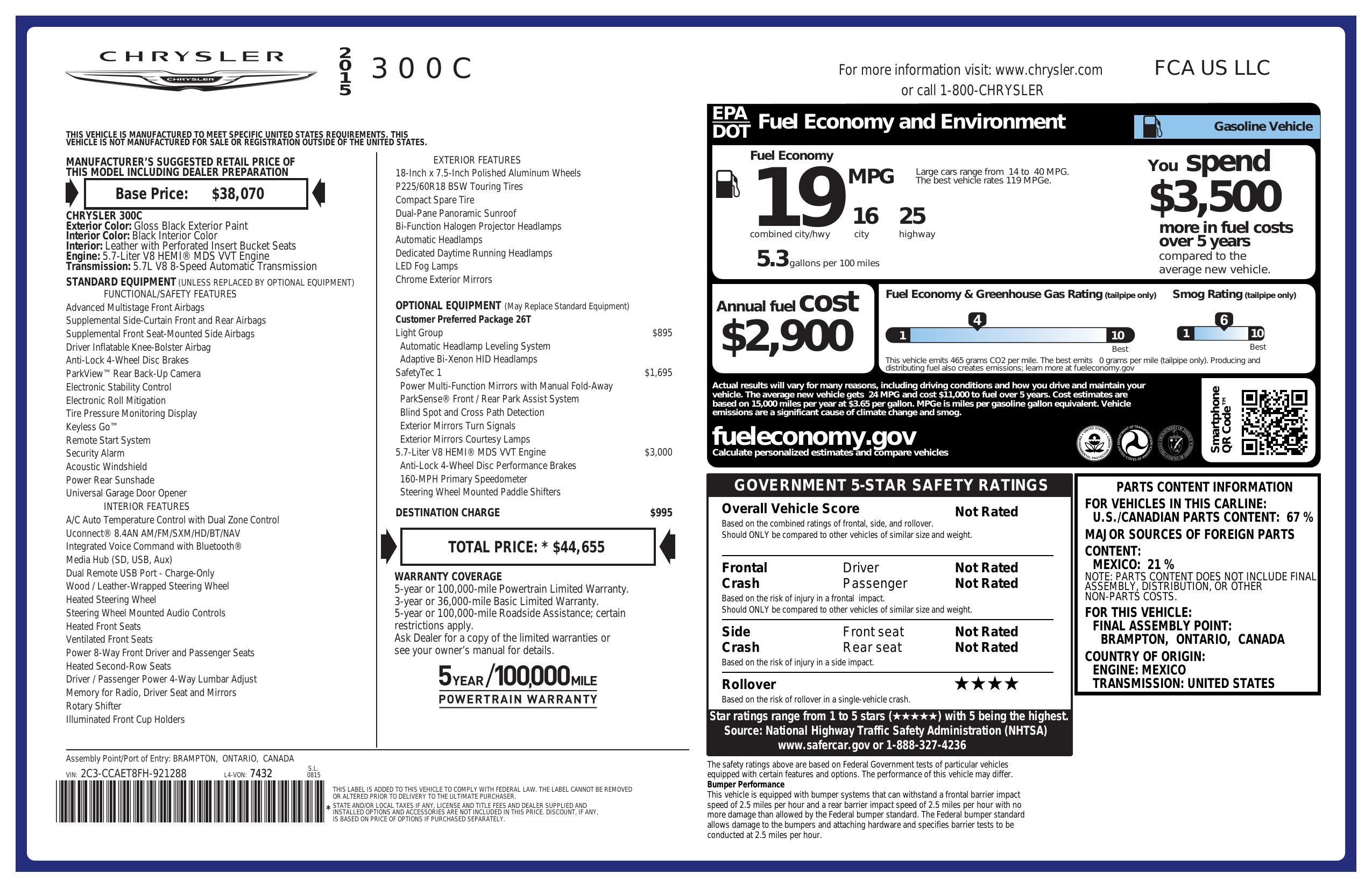 Window Sticker for 2015 Chrysler 300 4dr Sdn 300 C Rwd