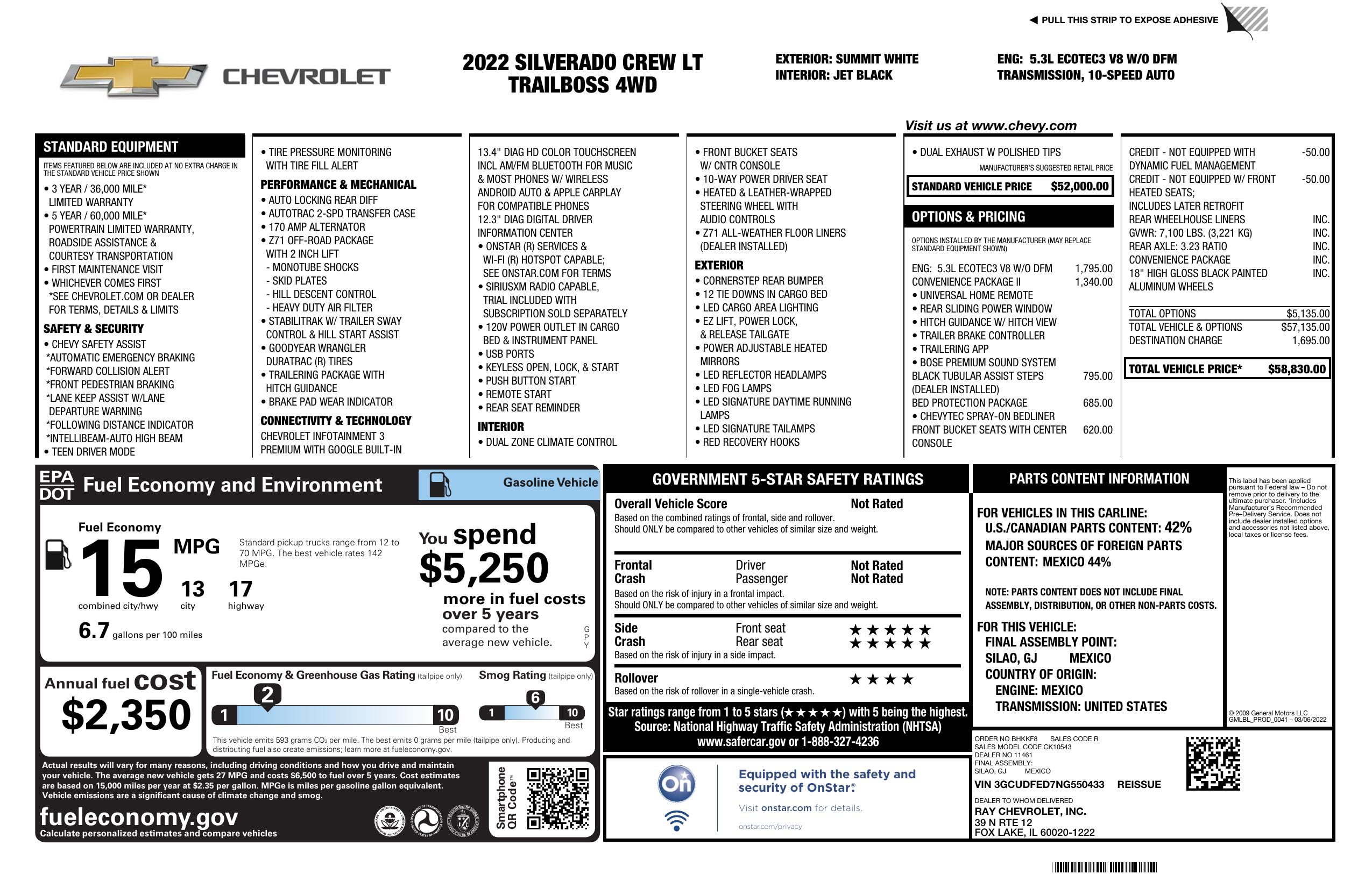 Window Sticker for 2022 Chevrolet Silverado 1500 Lt Trail Boss Pickup 4 ...