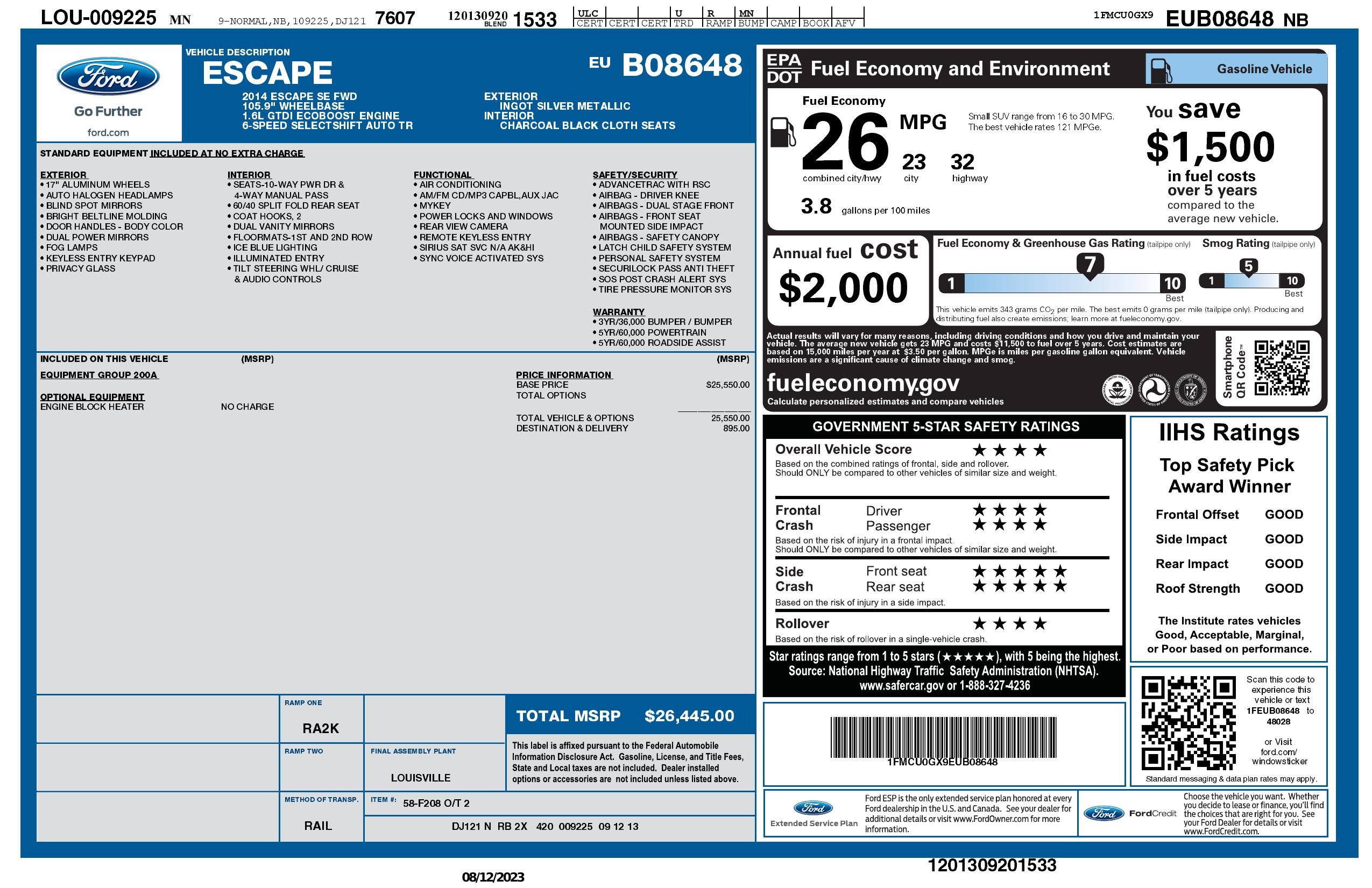 Window Sticker for 2014 Ford Escape Fwd 4dr Se