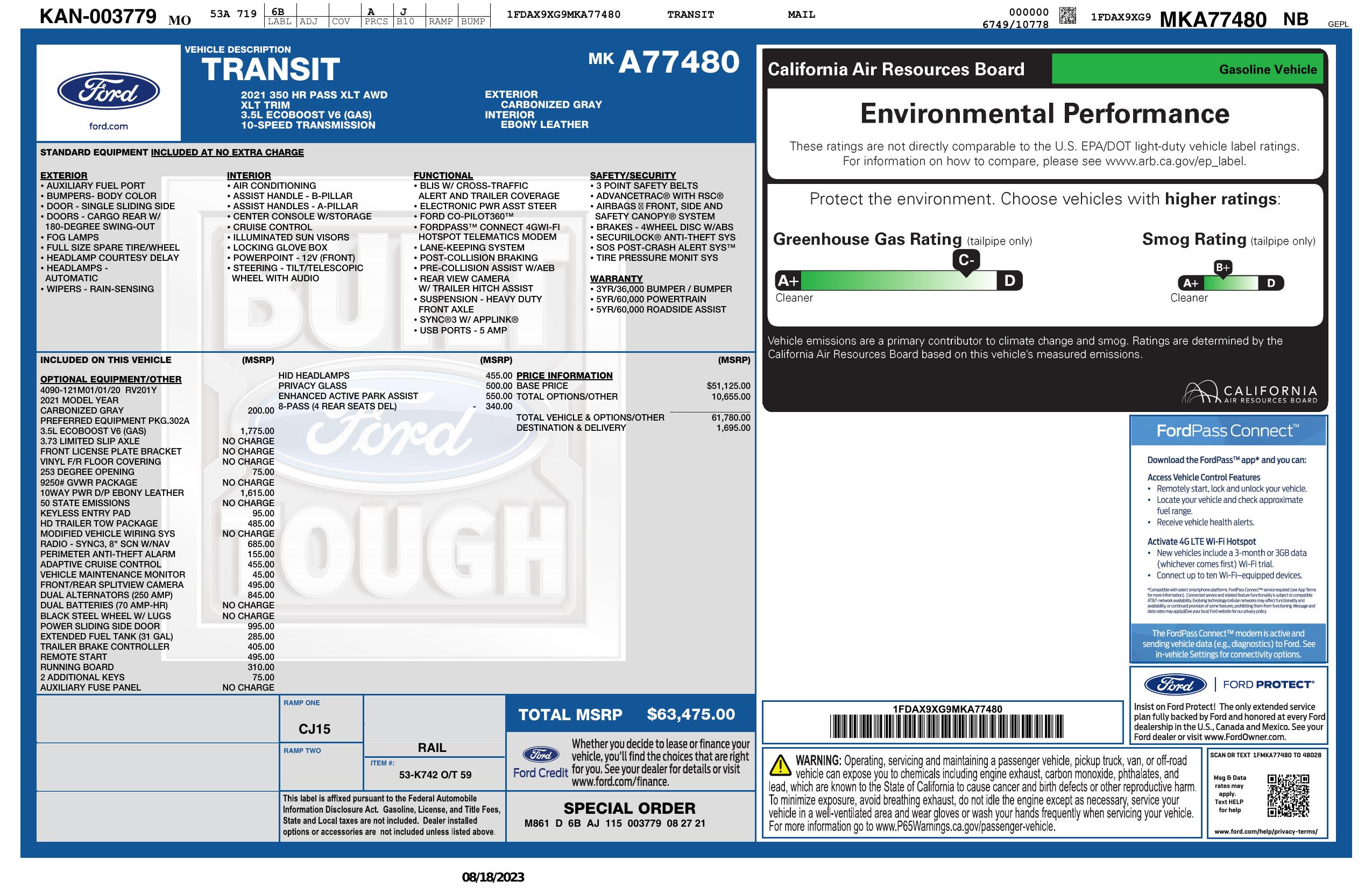 Window Sticker for 2021 Ford Transit Passenger Wagon T 350 148" High ...