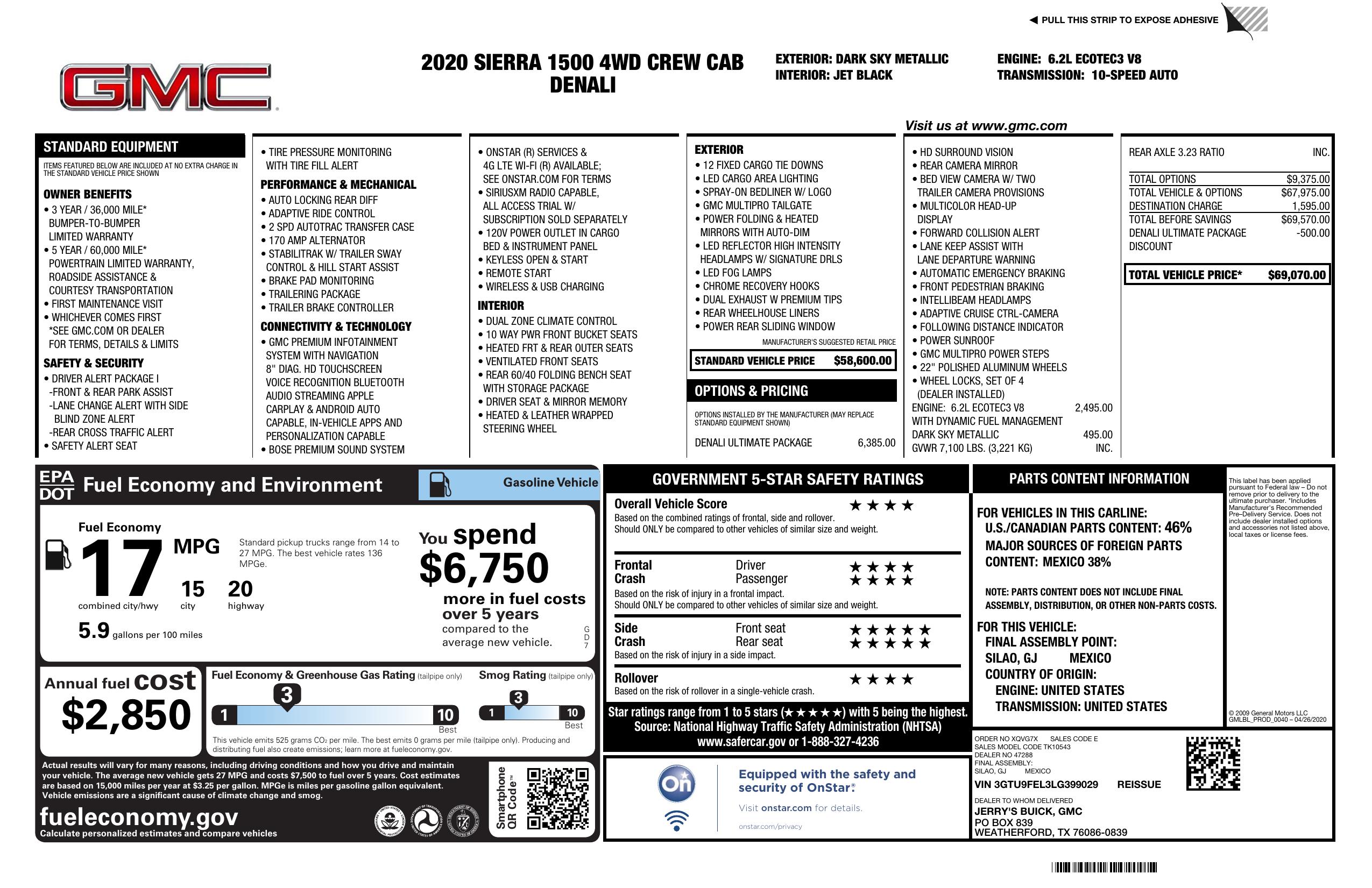 Window Sticker for 2020 GMC Sierra 1500 4 Wd Crew Cab 147" Denali