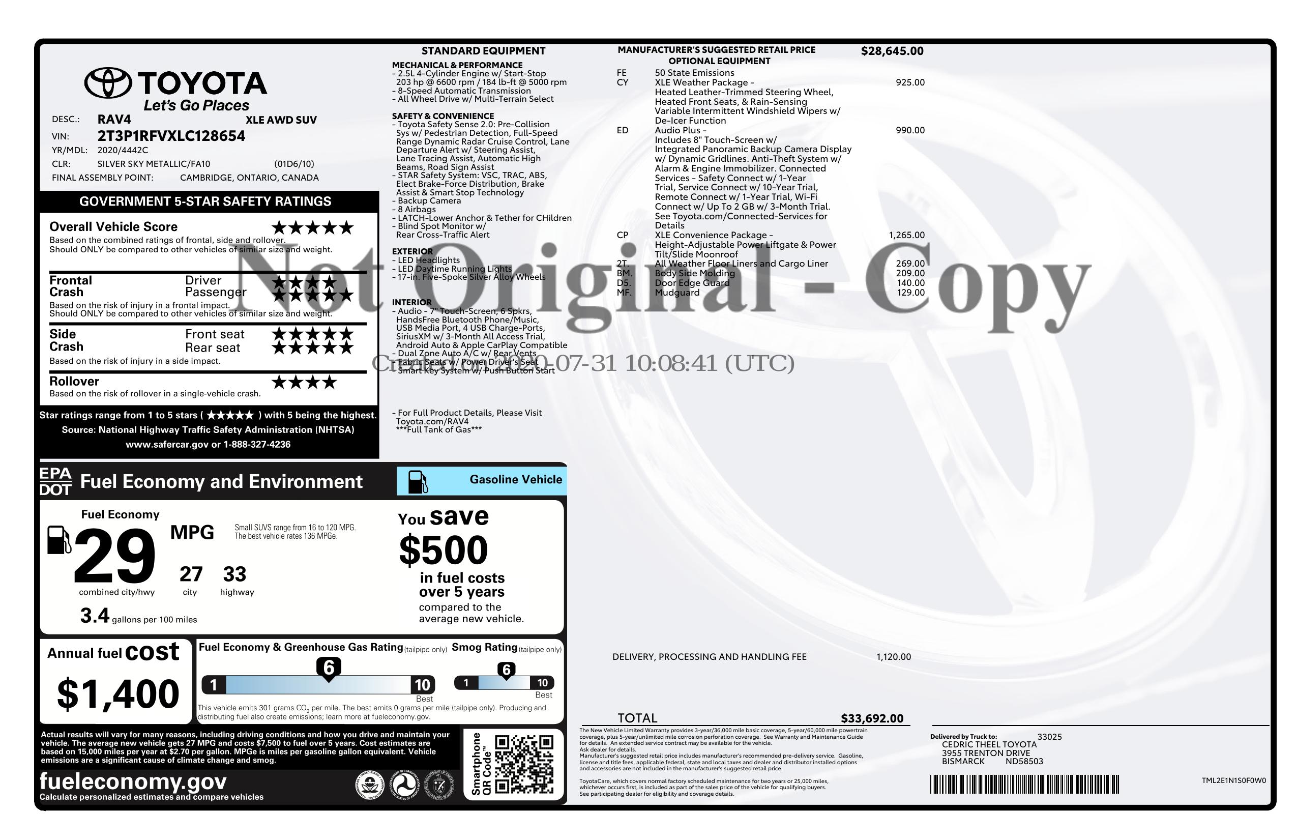 Window Sticker for 2020 Toyota Rav4 Xle Awd (Natl)