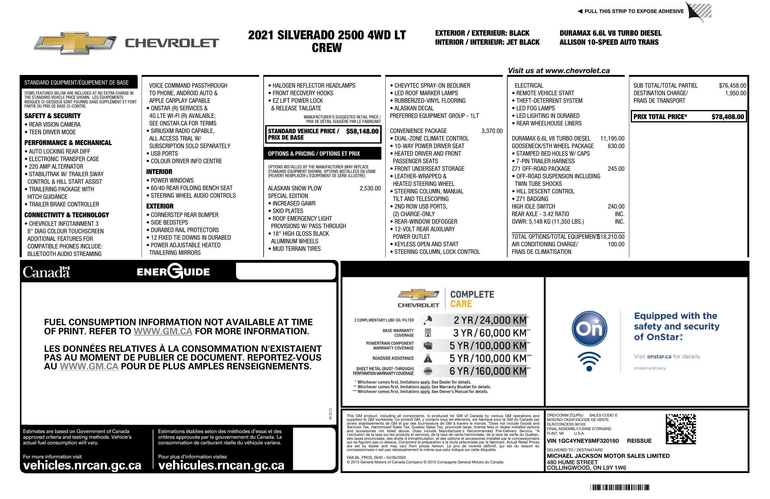 Window Sticker for 2021 Chevrolet Silverado 2500 Hd 4 Wd Crew Cab Lt