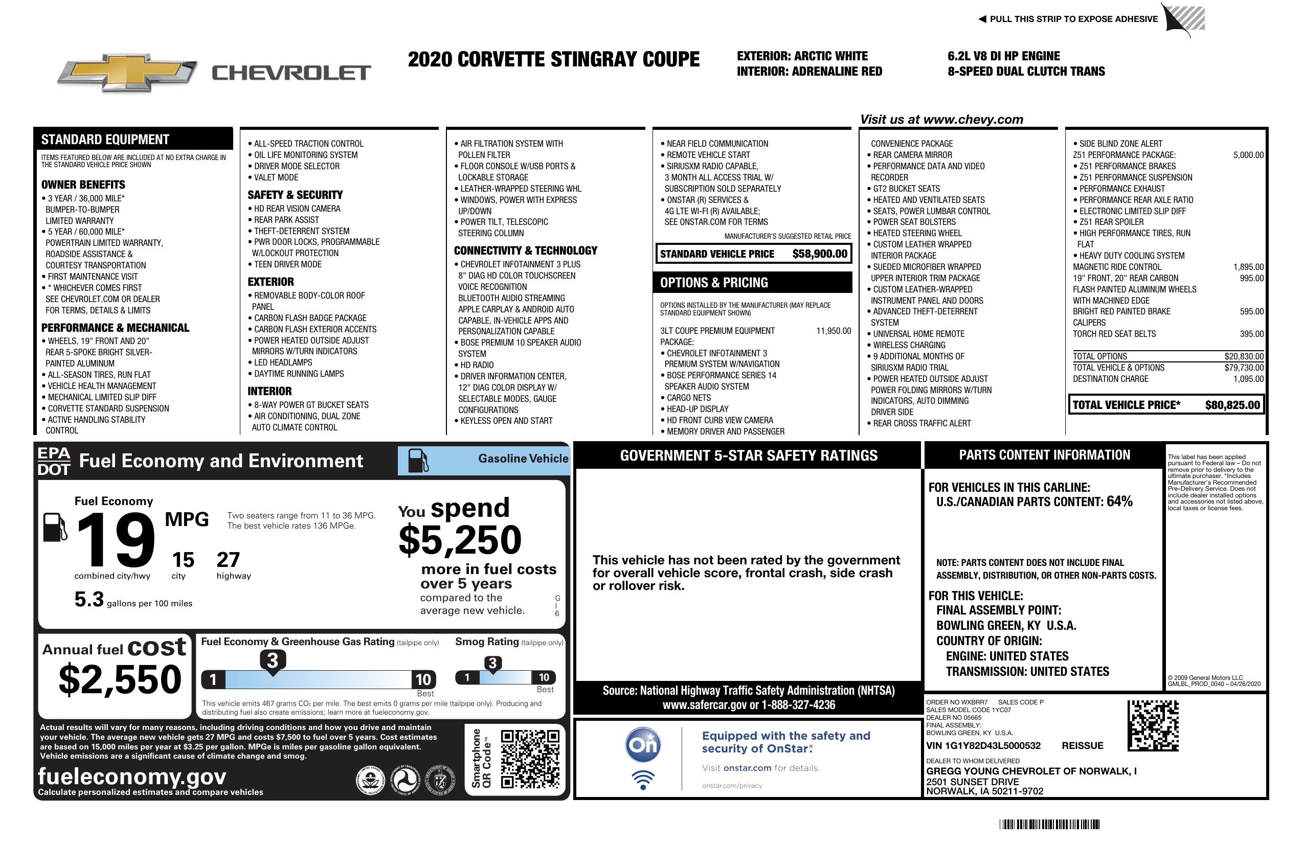 Window Sticker for 2020 Chevrolet Corvette 2dr Stingray Cpe W/3 Lt