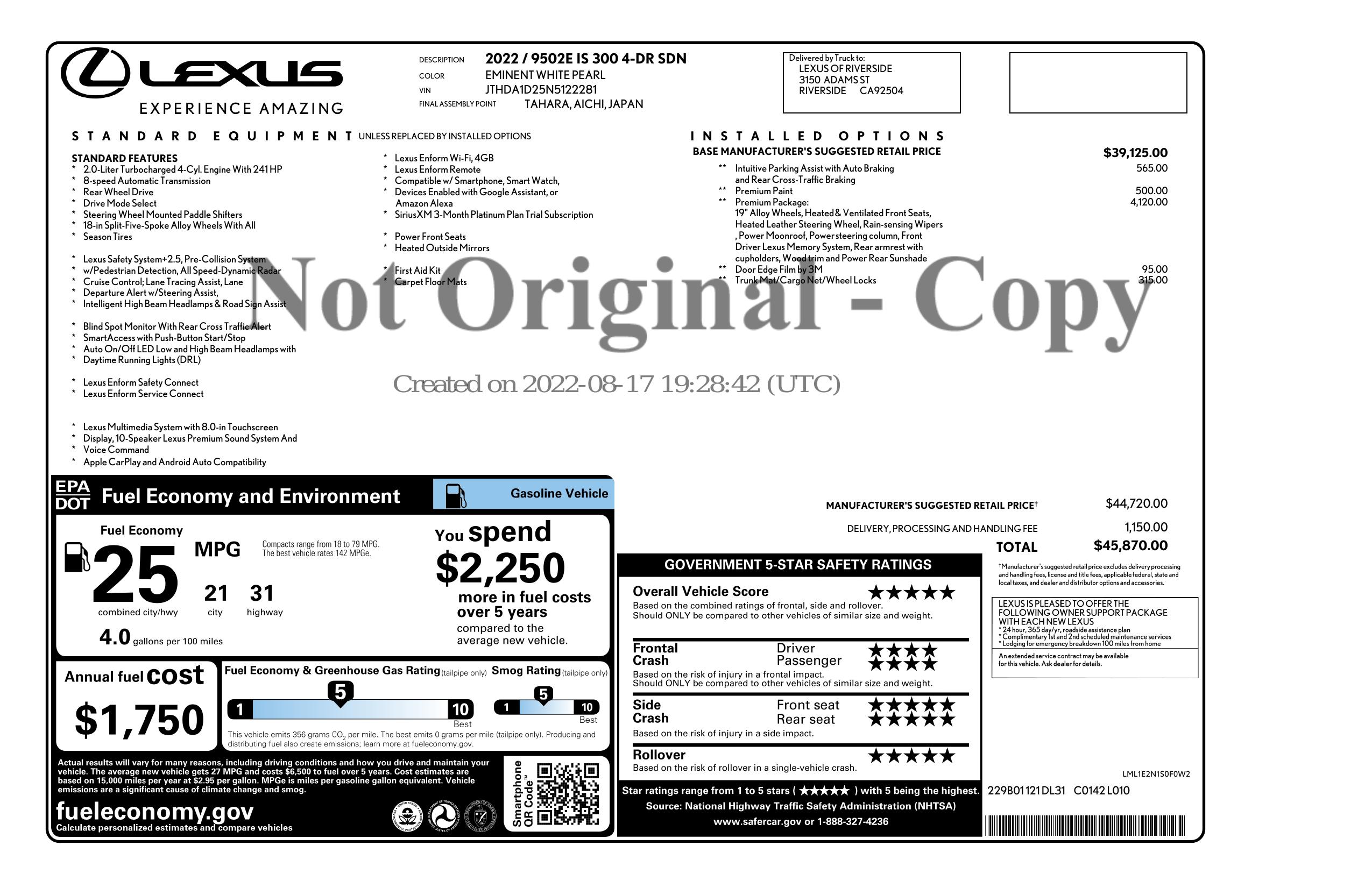 Window Sticker for 2022 Lexus Is Is 300 Rwd