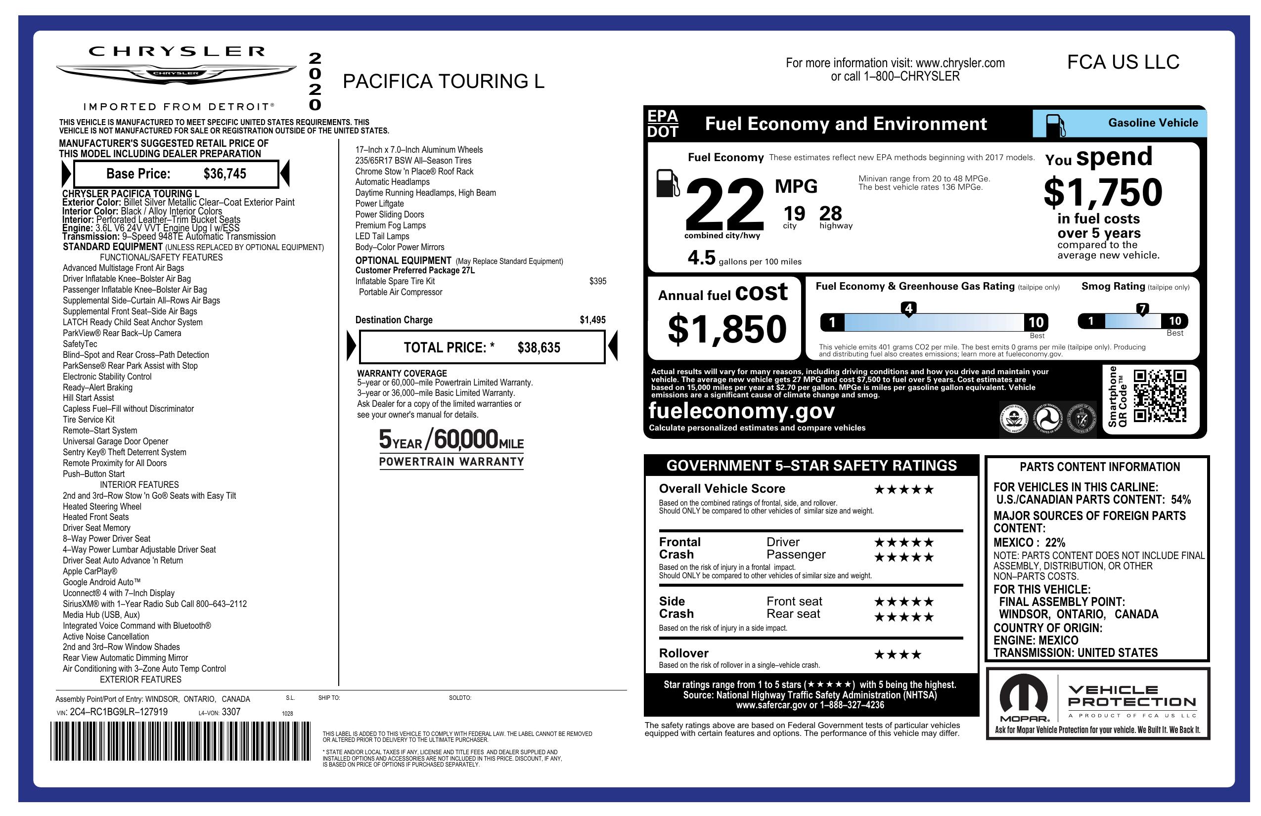Window Sticker for 2020 Chrysler Pacifica Touring L Fwd