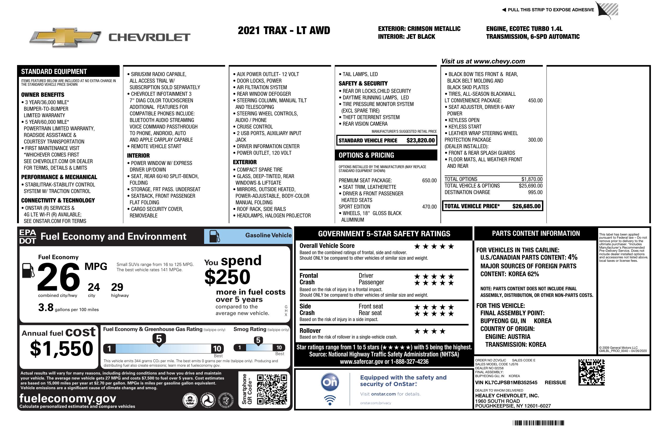 Window Sticker for 2021 Chevrolet Trax Awd 4dr Lt